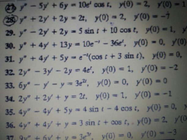 Solved 29. y-2y+2y -5 sin:+ 10 cos t, (o)-1, y 30. y" + 4y' | Chegg.com