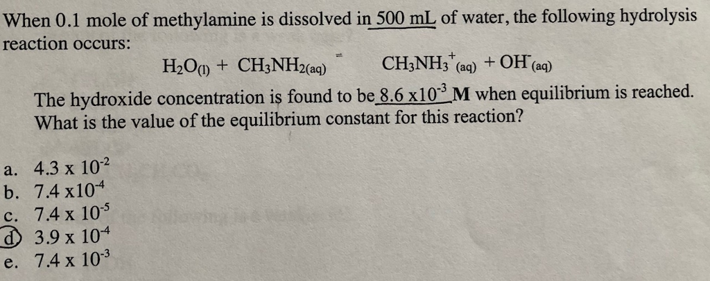 Solved When 0.1 mole of methylamine is dissolved in 500 mL | Chegg.com