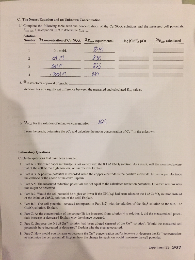 C. The Nernst Equation and an Unknown Concentration | Chegg.com