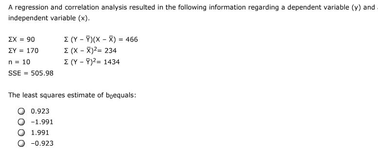 Solved A regression and correlation analysis resulted in the | Chegg.com