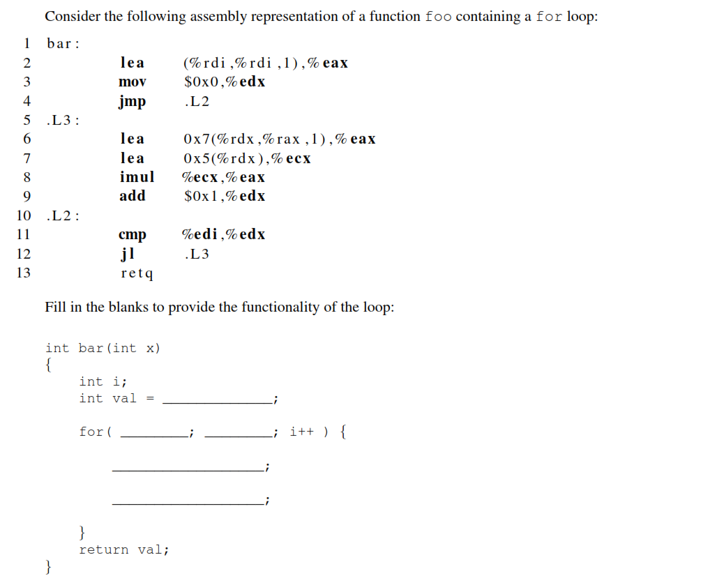 Consider the following assembly representation of a | Chegg.com