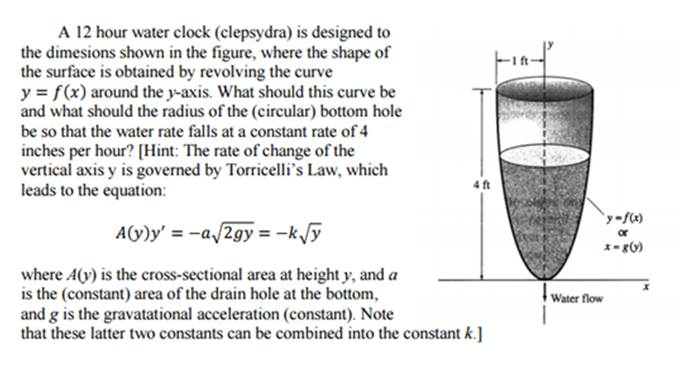 Solved A 12 hour water clock (clepsydra) is designed to the | Chegg.com