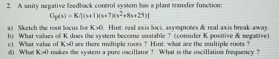 Solved 2. A unity negative feedback control system has a | Chegg.com