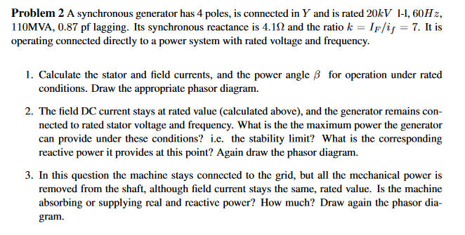 Solved Problem 2 A synchronous generator has 4 poles, is | Chegg.com