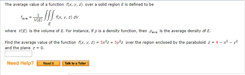 Solved The average value of a function f(x, y, z) over a | Chegg.com