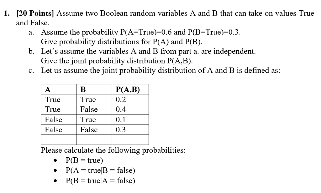 Solved 1 20 Points Assume Two Boolean Random Variables A 0759