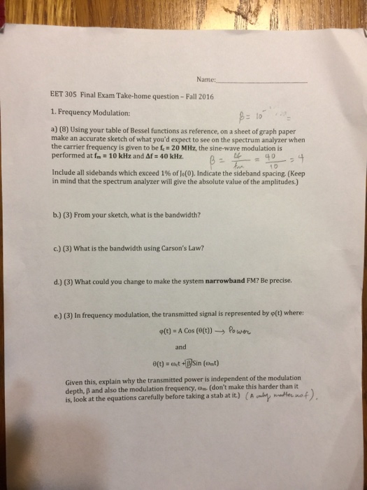 Solved Frequency Modulation: Using your table of Bessel | Chegg.com