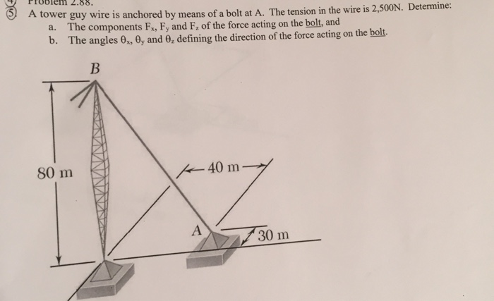 Solved A tower guy wire is anchored by means of a bolt at A. | Chegg.com