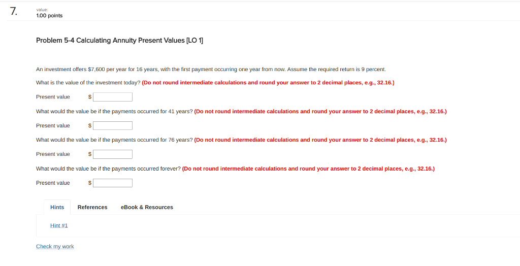 Solved value: 1.00 points Problem 5-4 Calculating Annuity | Chegg.com