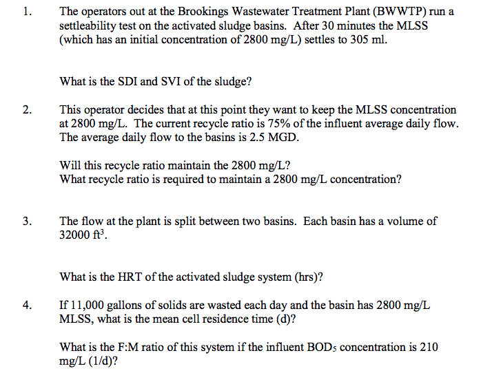Solved The operators out at the Brookings Wastewater | Chegg.com