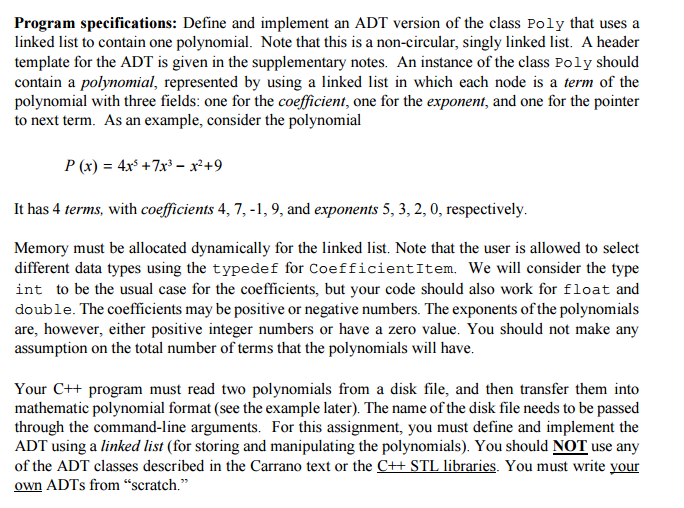 Program specifications: Define and implement an ADT | Chegg.com