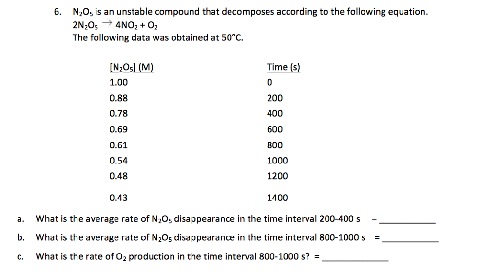 Solved 6. N205 is an unstable compound that decomposes | Chegg.com