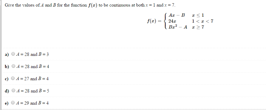 Solved Give the values of A and B for the function f(x) to | Chegg.com
