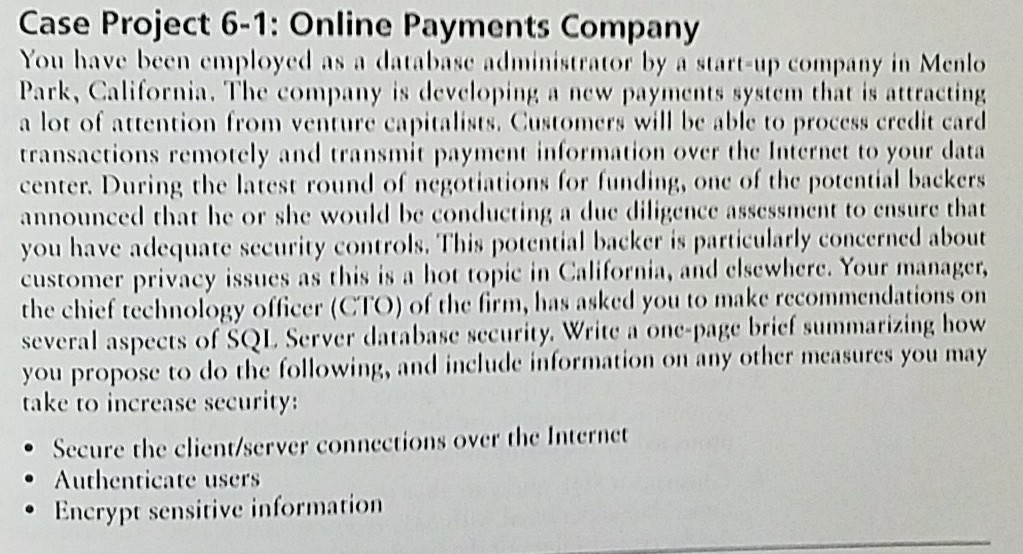 Solved Case Project 6-1: Online Payments Company You ve been | Chegg.com