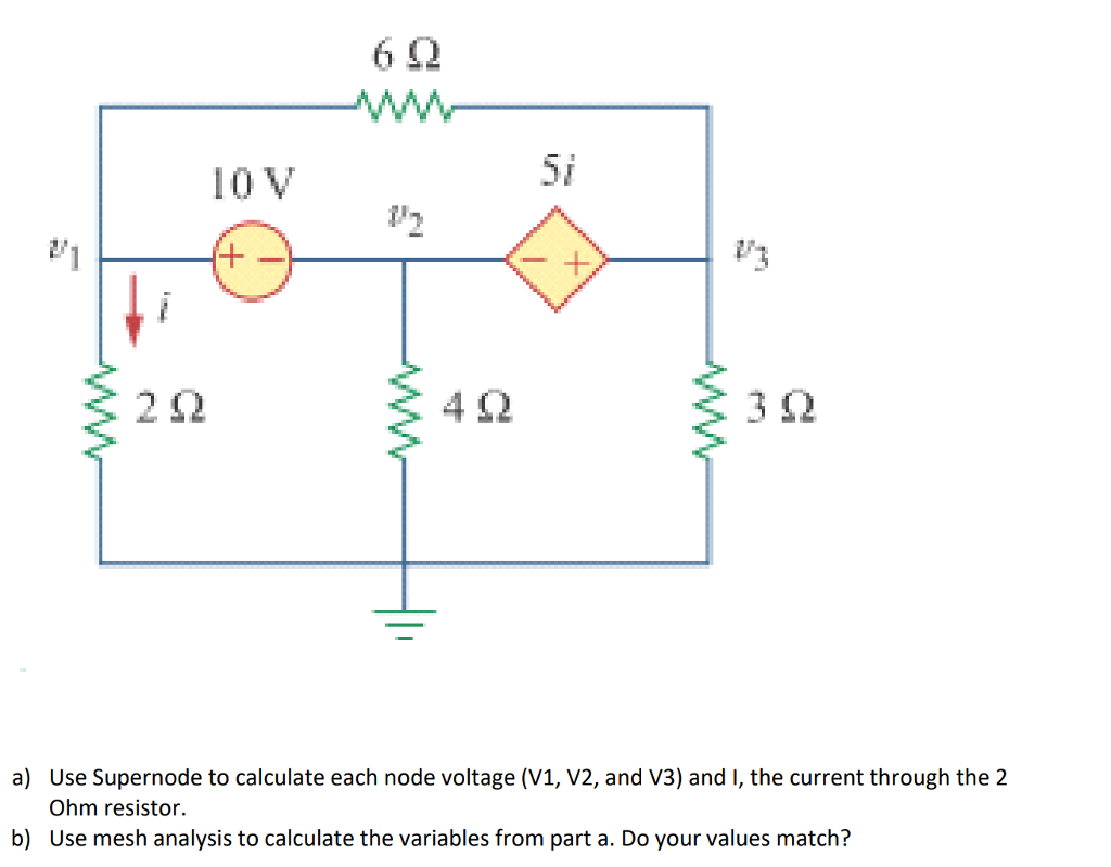 Solved 6Ω 10 V 5i 2Ω 4Ω 3Ω Use Supernode to calculate each | Chegg.com