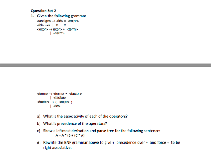 Solved Question Set 2 1. Given the following grammar | Chegg.com
