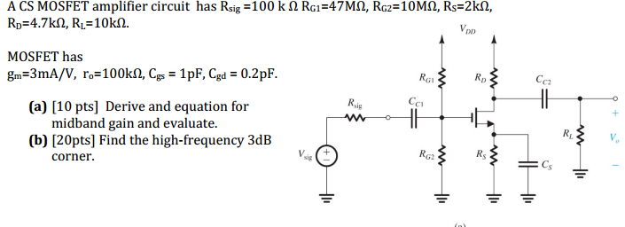 Solved A CS MOSFET amplifier circuit has Rsig = 100 kohm RG1 | Chegg.com