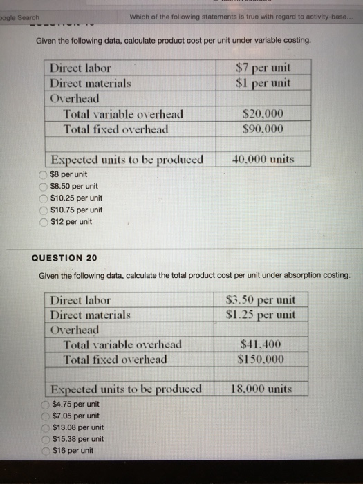 Solved Given the following data, calculate product cost per | Chegg.com