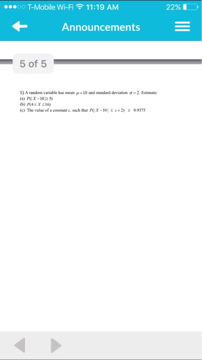 Solved A random variable has mean mu = 10 and standard | Chegg.com