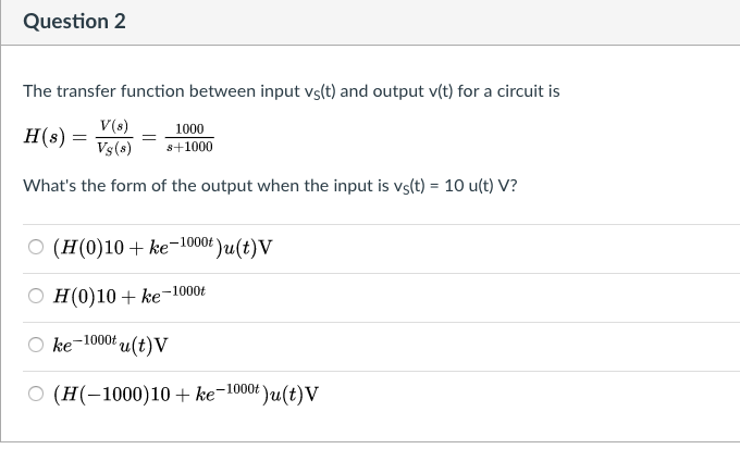 Solved Question 2 The transfer function between input vs(t) | Chegg.com