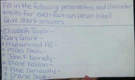 Solved Fill in the following personal Hes and character | Chegg.com