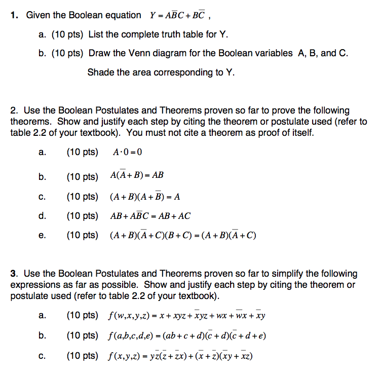 Solved Given the Boolean equation Y = ABC + BC, a. List the | Chegg.com