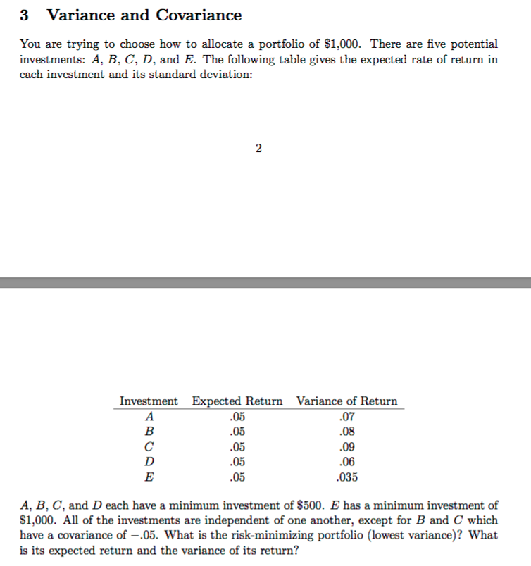 Solved 3 Variance and Covariance You are trying to choose | Chegg.com