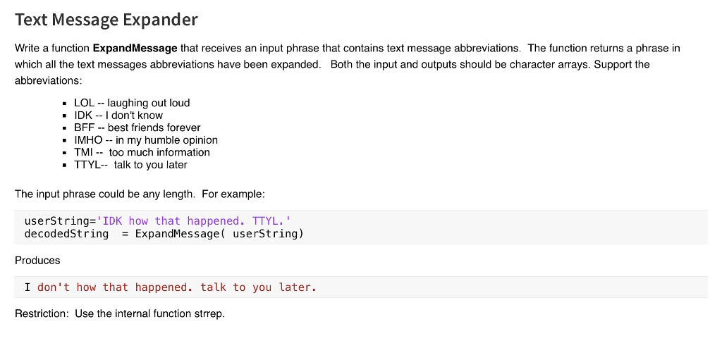 Solved Text Message Expander Write a function ExpandMessage | Chegg.com Solved Text Message Expander Write a function ExpandMessage | Chegg.com