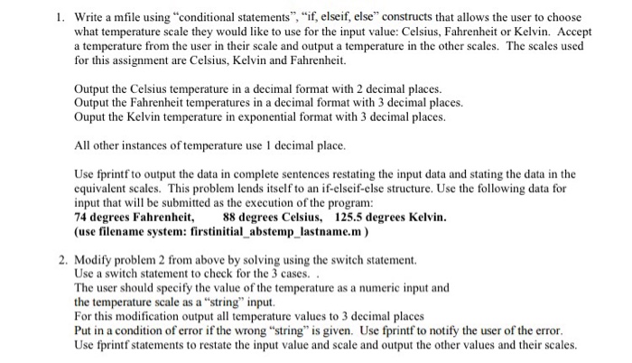 Solved Write A Mfile Using Conditional Statements If 7540