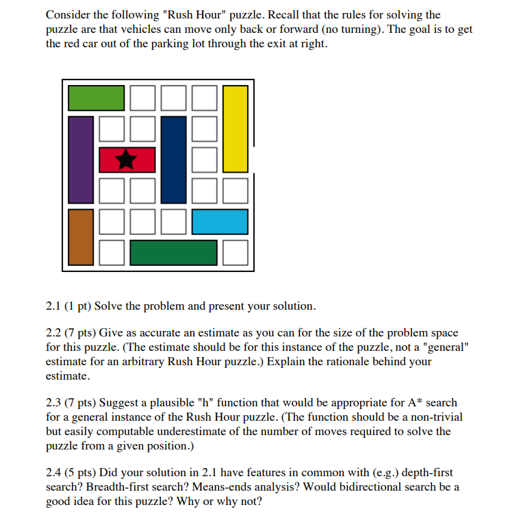 Solved Consider the following "Rush Hour" puzzle. Recall | Chegg.com