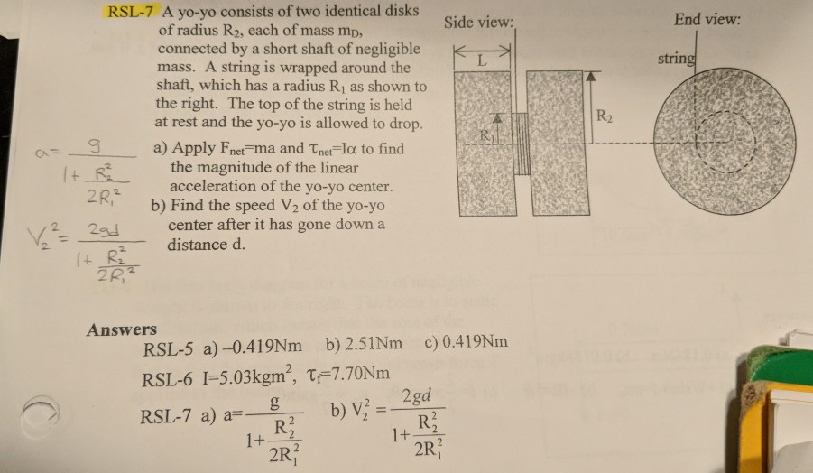 Solved RSL-7 A yo-yo consists of two identical disks Side | Chegg.com
