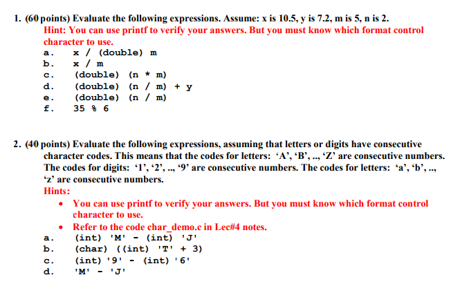 Solved 1. (60 points) Evaluate the following expressions. | Chegg.com