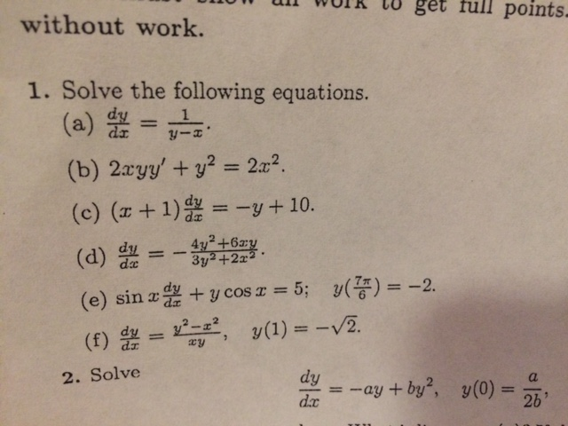 Solved Solve the following equations. dy/dx = 1/y-x. 2xyy' | Chegg.com
