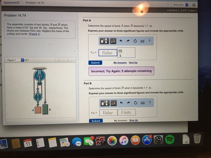 Solved Determine the speed of block. B when descends 1 7 m | Chegg.com