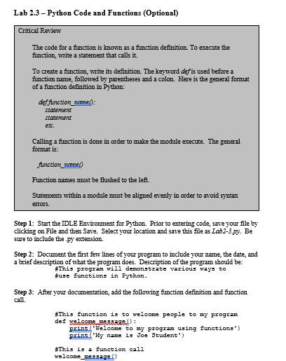 Solved Lab 23 Python Code And Functions Optional Critical 7785