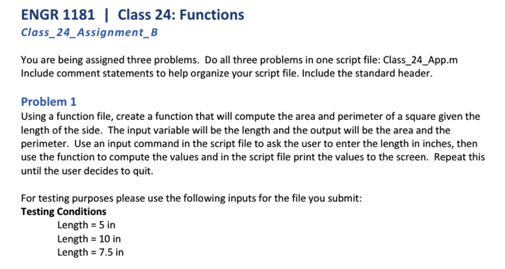 Solved ENGR 1181| Class 24: Functions Class_24_Assignment_B | Chegg.com