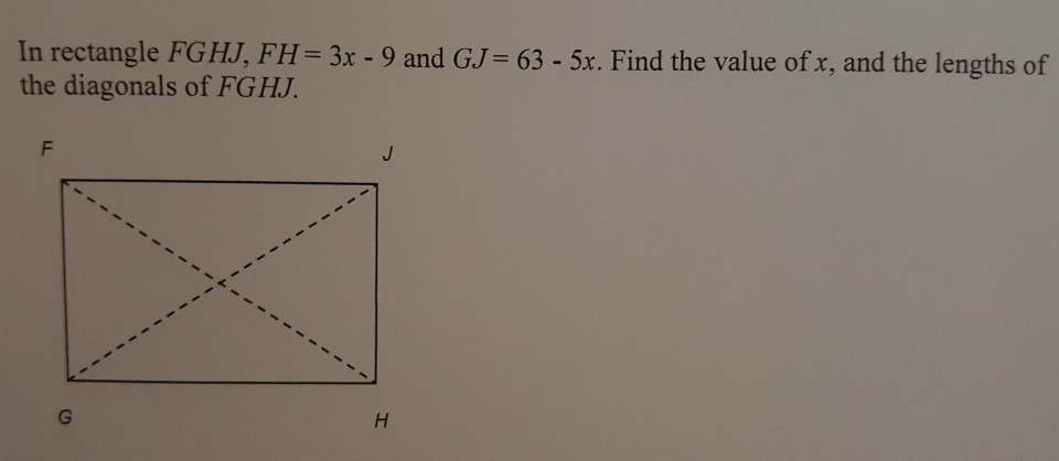 Solved In rectangle FGHJ, FH = 3x - 9 and GJ = 63 - 5x. Find | Chegg.com