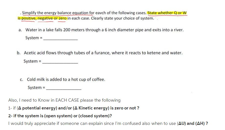 Solved Simplify the energy balance equation for eavch of the | Chegg.com