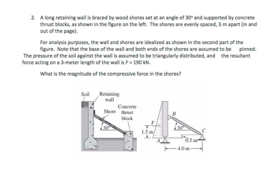 Solved A long retaining wall is braced by wood shores set at | Chegg.com