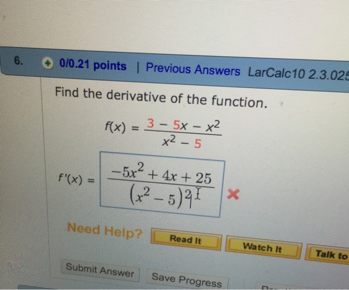 Solved Find the derivative of the function. f(x) = 3 - 5x - | Chegg.com