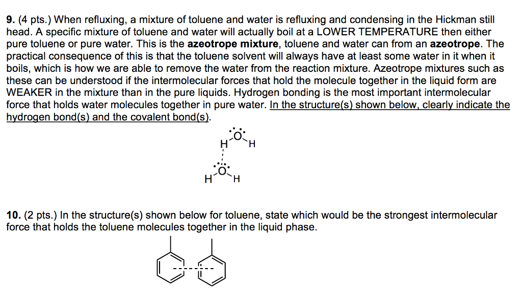 Solved 9. (4 pts.) When refluxing, a mixture of toluene and | Chegg.com