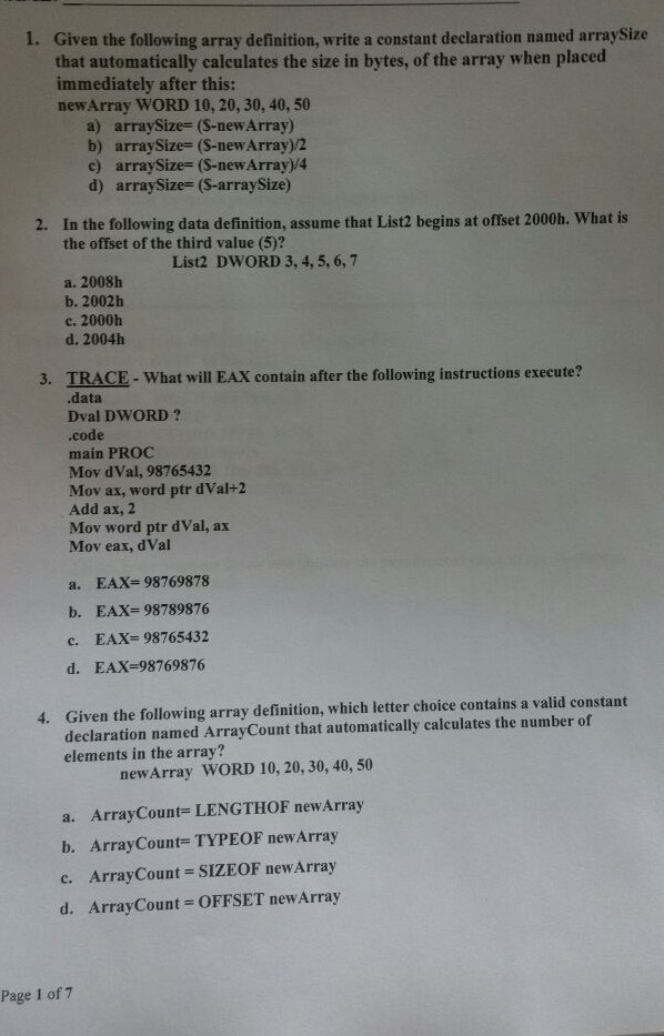 Solved 1. Given the following array definition, write a | Chegg.com