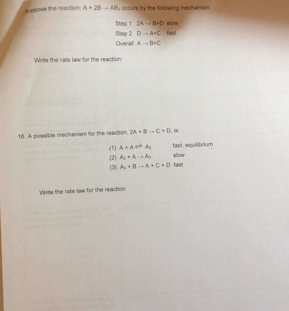 Solved Suppose the reaction: A + 2B AB2 occurs by the | Chegg.com