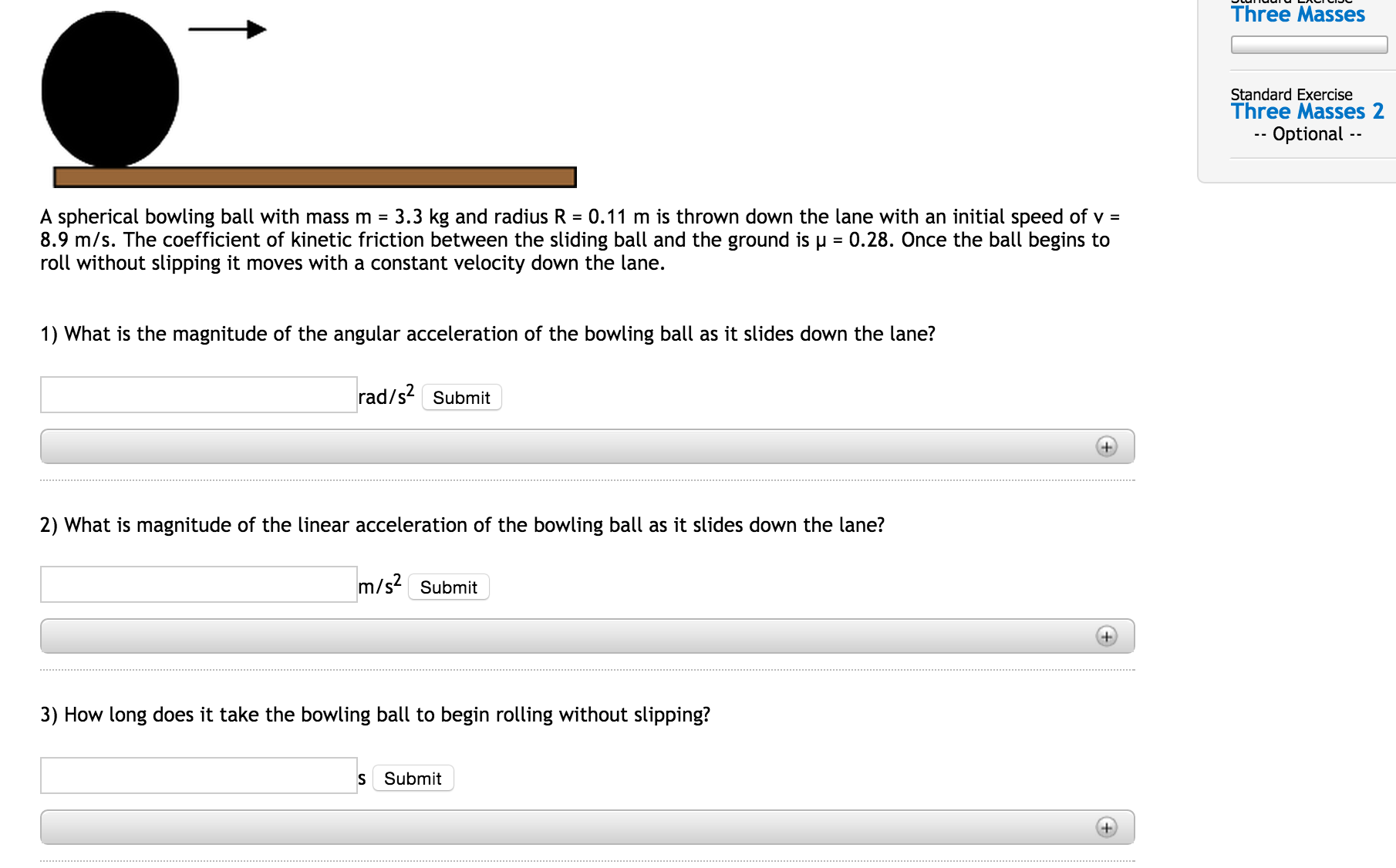 Solved A spherical bowling ball with mass m = 3.3 kg and | Chegg.com