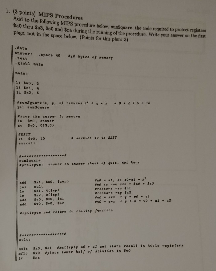 Solved 1. (3 points) MIPS Procedures Add to the following | Chegg.com