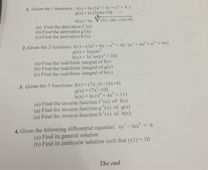 Solved Given the 3 functions: f(x) = ln (3x^2 + 5x + e^7x + | Chegg.com