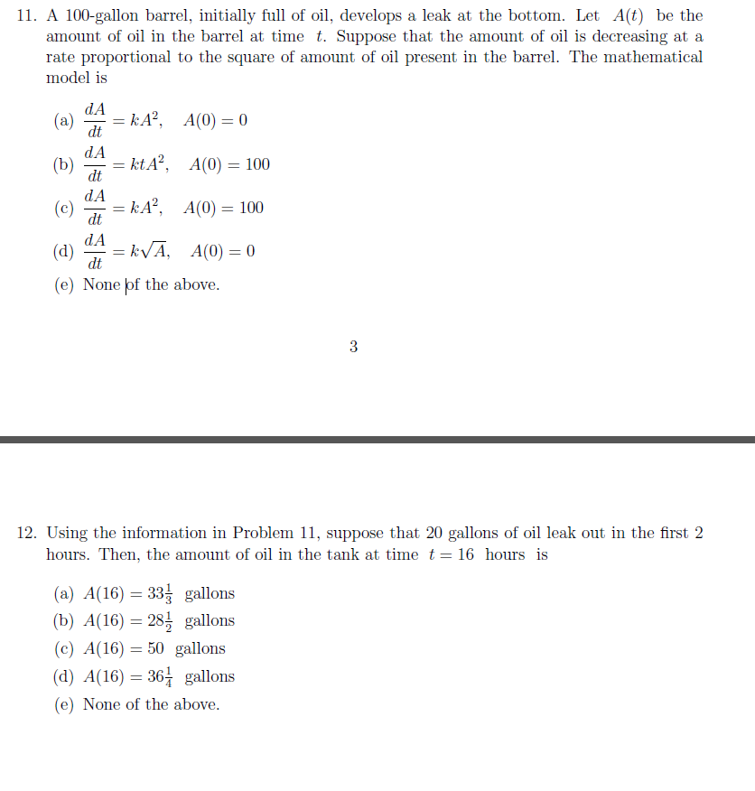 Solved 11. A 100 gallon barrel, initially full of oil, | Chegg.com