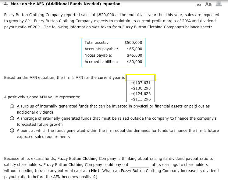 Solved More on the AFN (Additional Funds Needed) equation | Chegg.com