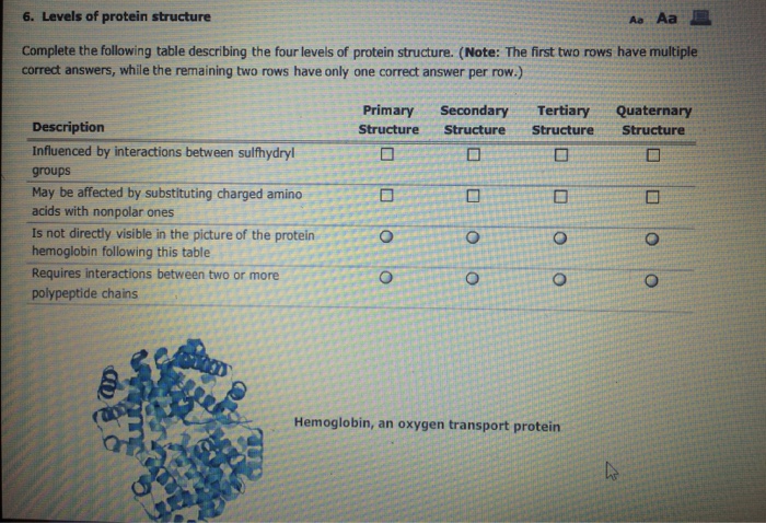 Solved Aa Aa 6. Levels of protein structure Complete the | Chegg.com