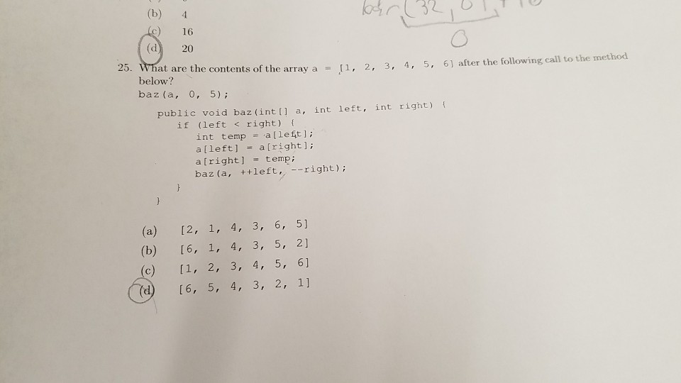 Solved (b) 4 (d) 20 25. Wh the contents of the array a [, 2, | Chegg.com